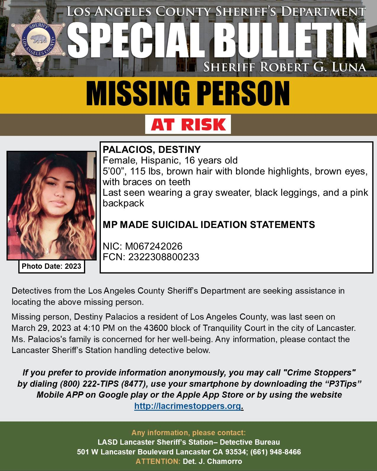 Destiny Palacios, 16 yr old missing since March 29, 2023.